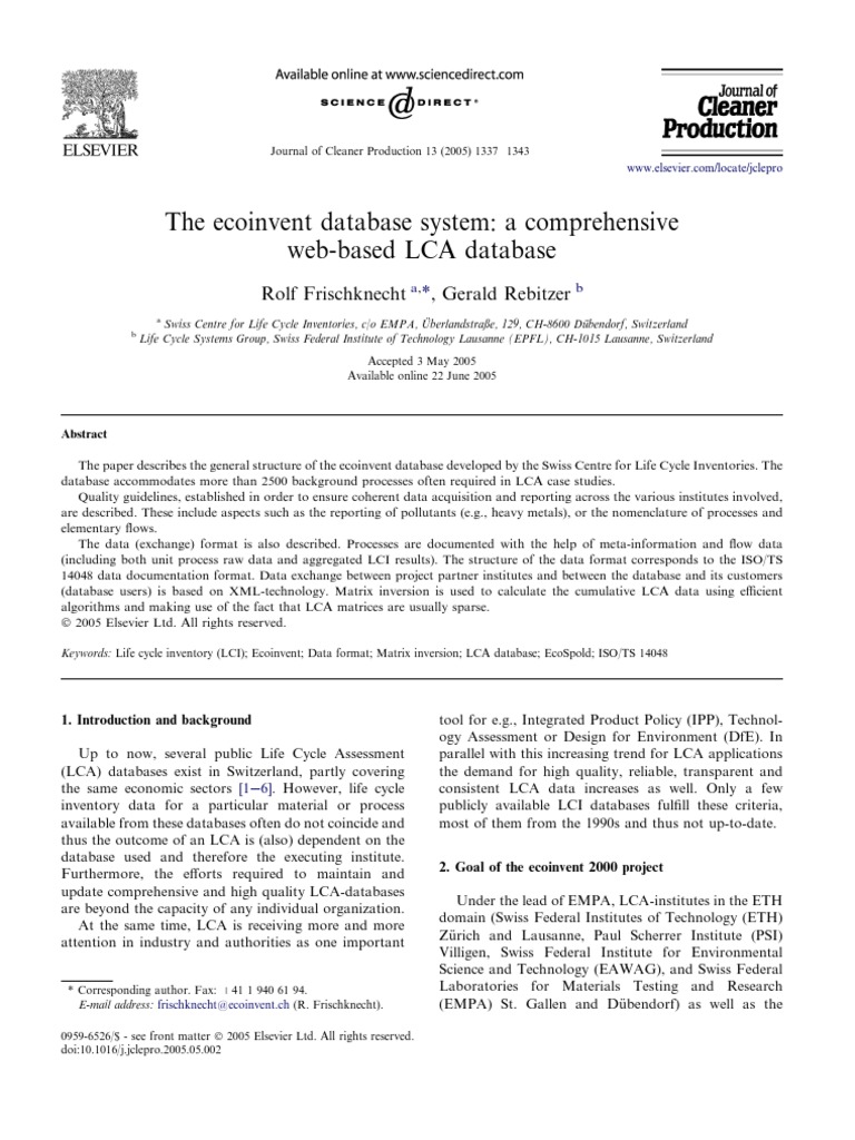 Ecoinvent: Comprehensive LCA Database | PDF | Life Cycle Assessment ...