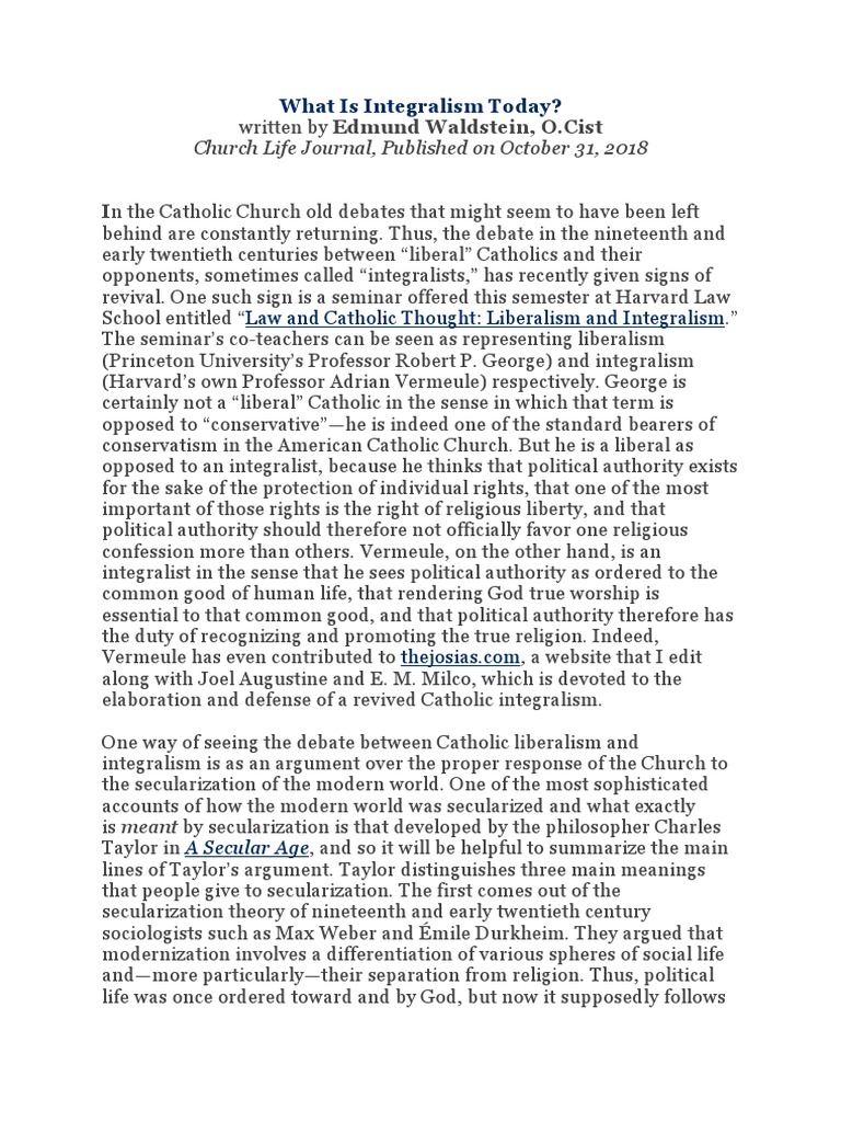 Waldstein - What Is Integralism Today - Church Life J - 2018 | PDF ...