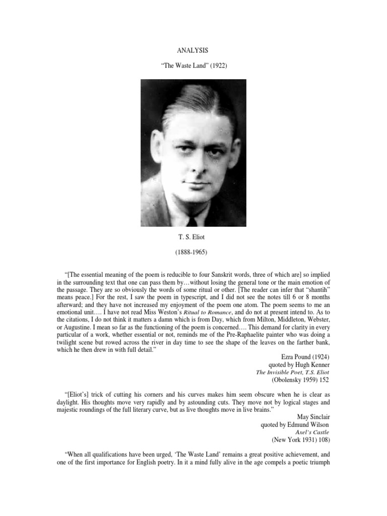 POEMS Eliot, TS The Waste Land (1922) Analysis by 25 Critics | PDF | T ...