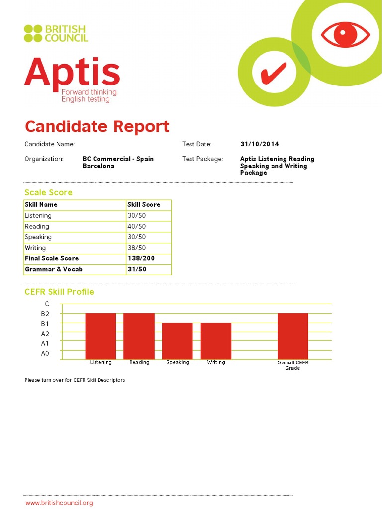 Aptis Test Candidate Report Summary | PDF | Speech | Sentence (Linguistics)