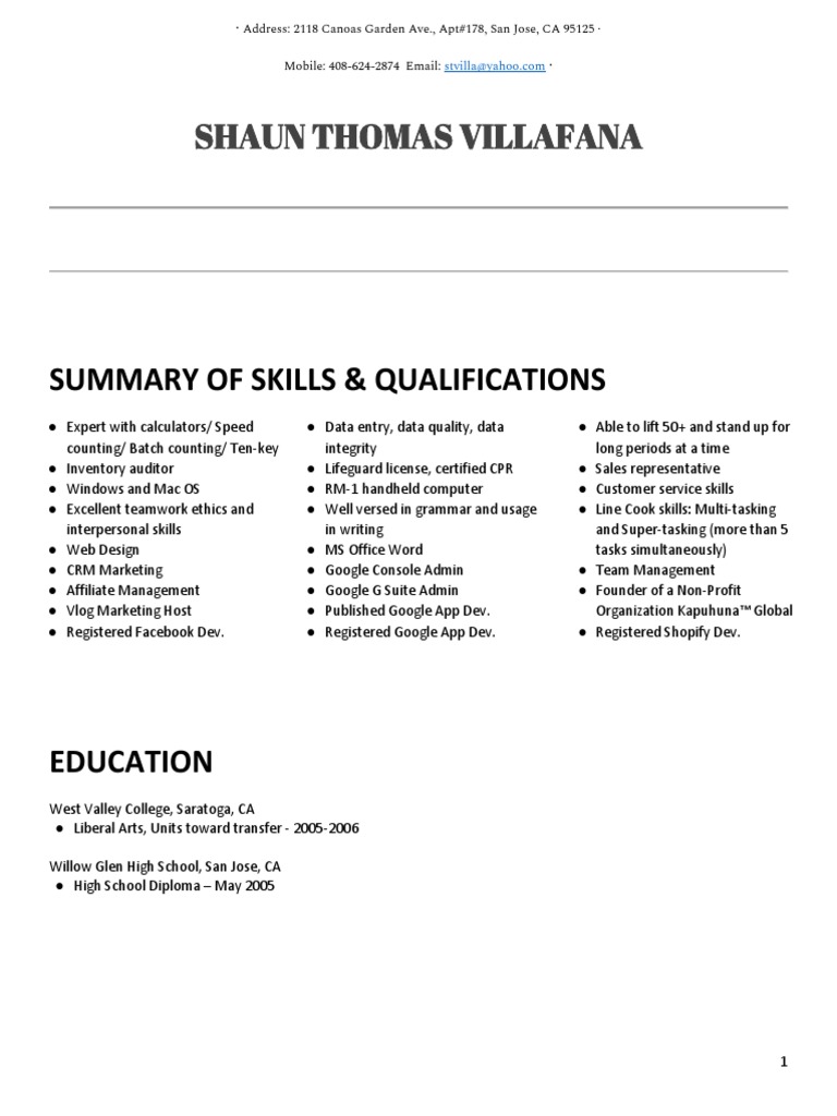 Example Shaun Thomas Villafana Resume 2018 | PDF | Inventory | Computing