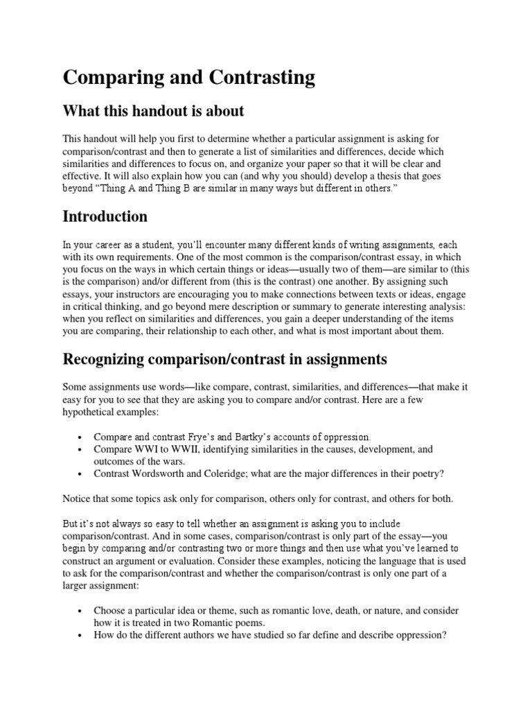 Compare and Contrast Essay (And Exercises) | PDF | Essays | Cognitive ...