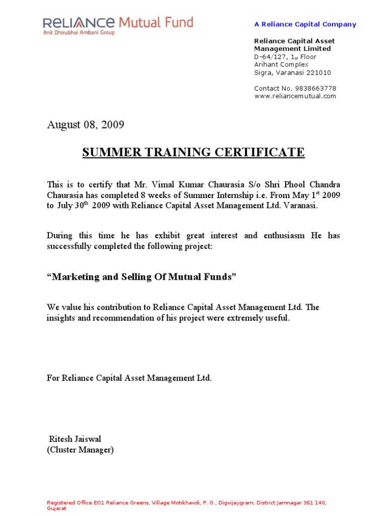 Summer Training Certificate | PDF