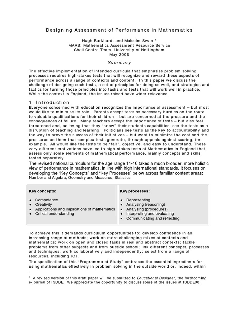 Desinging Assessment of Performance in Mathematics | PDF | Educational ...
