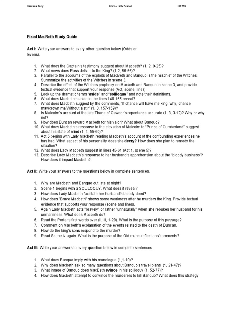 Fixed Macbeth Study Guide Act I | PDF | Macbeth | Shakespearean Tragedies