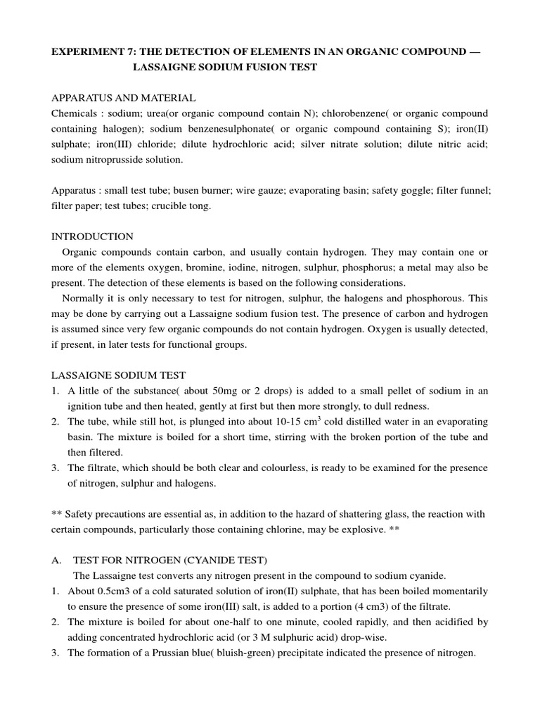 Lassaigne Sodium Fusion Test Guide | PDF | Cyanide | Nitrogen