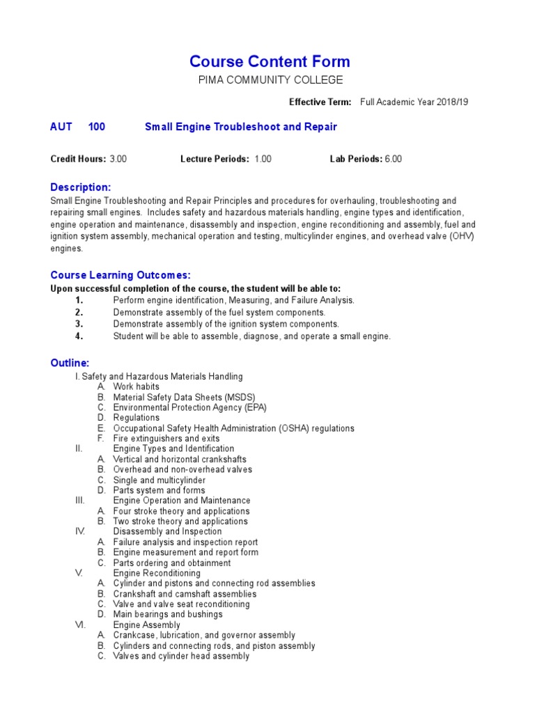 Course Content Form: AUT 100 Small Engine Troubleshoot and Repair ...