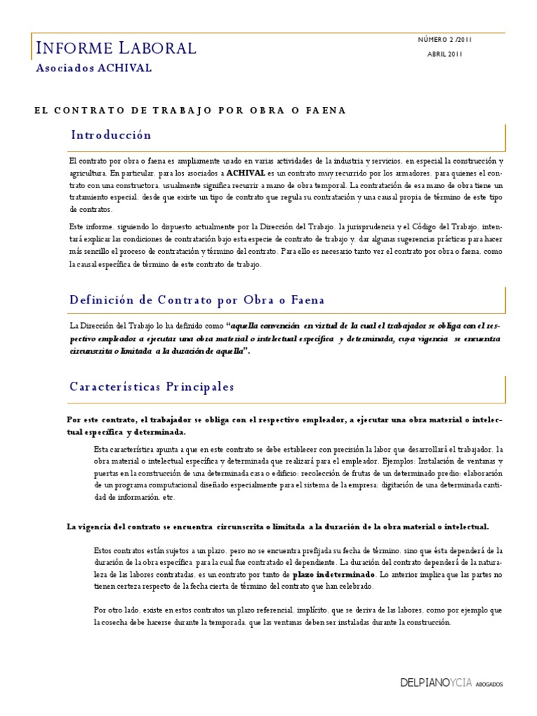 Informe Laboral II - Contrato de Trabajo Por Obra o Faena | PDF | Derecho laboral | Justicia