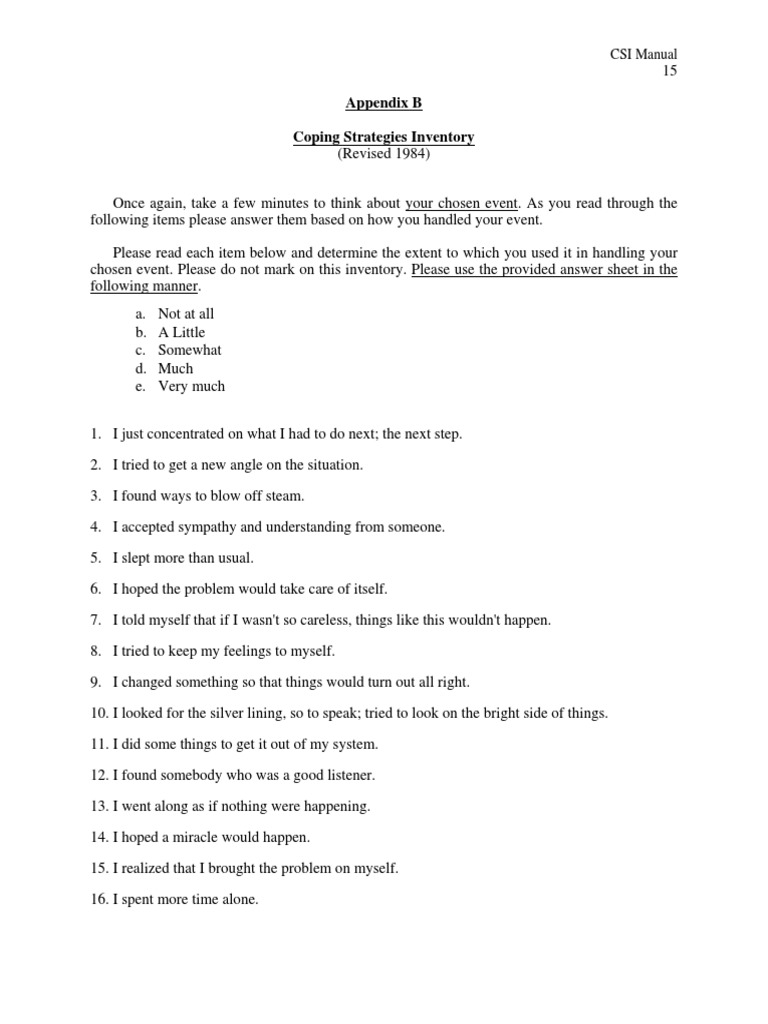 Appendix B Coping Strategies Inventory: CSI Manual | PDF | Coping ...