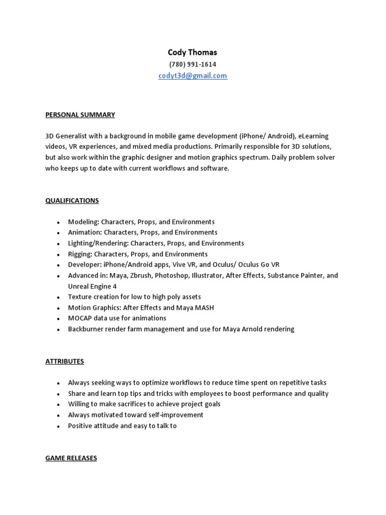 Codys Resume | PDF | 3 D Computer Graphics | I Pad