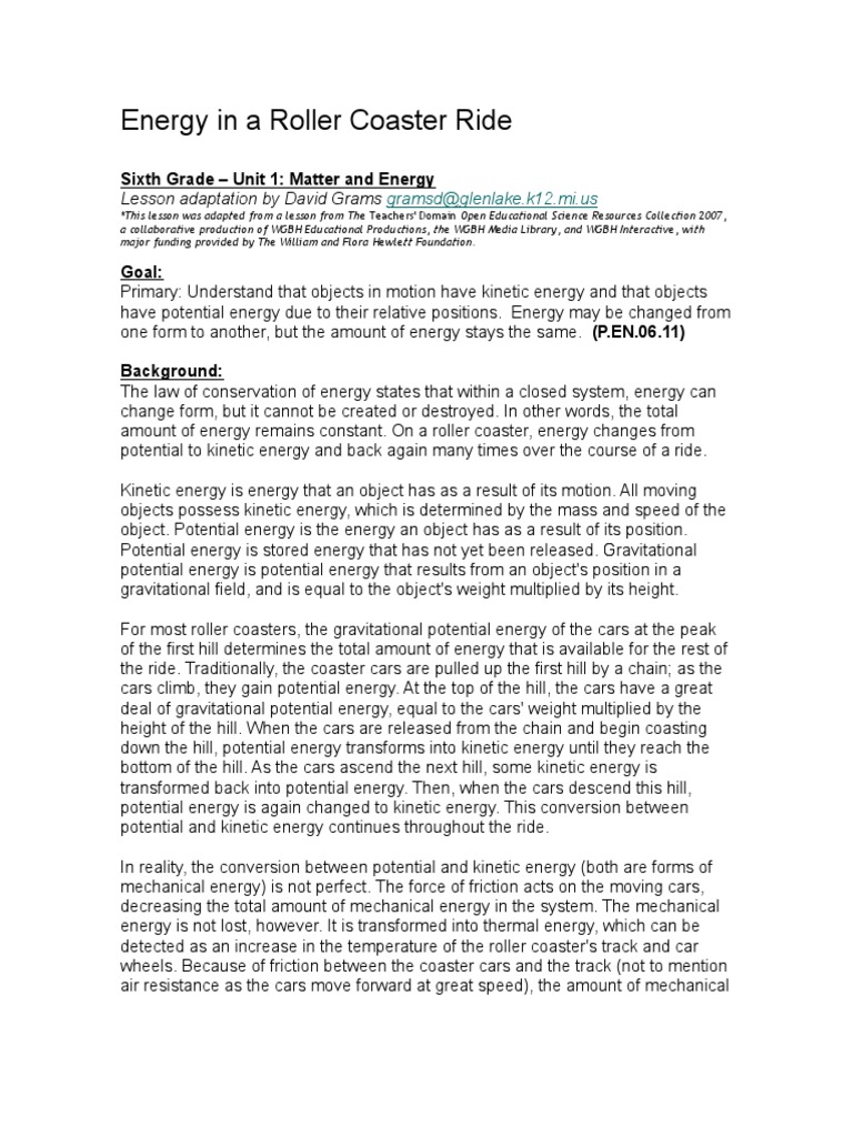 Energy in A Roller Coaster Ride: Sixth Grade - Unit 1: Matter and ...