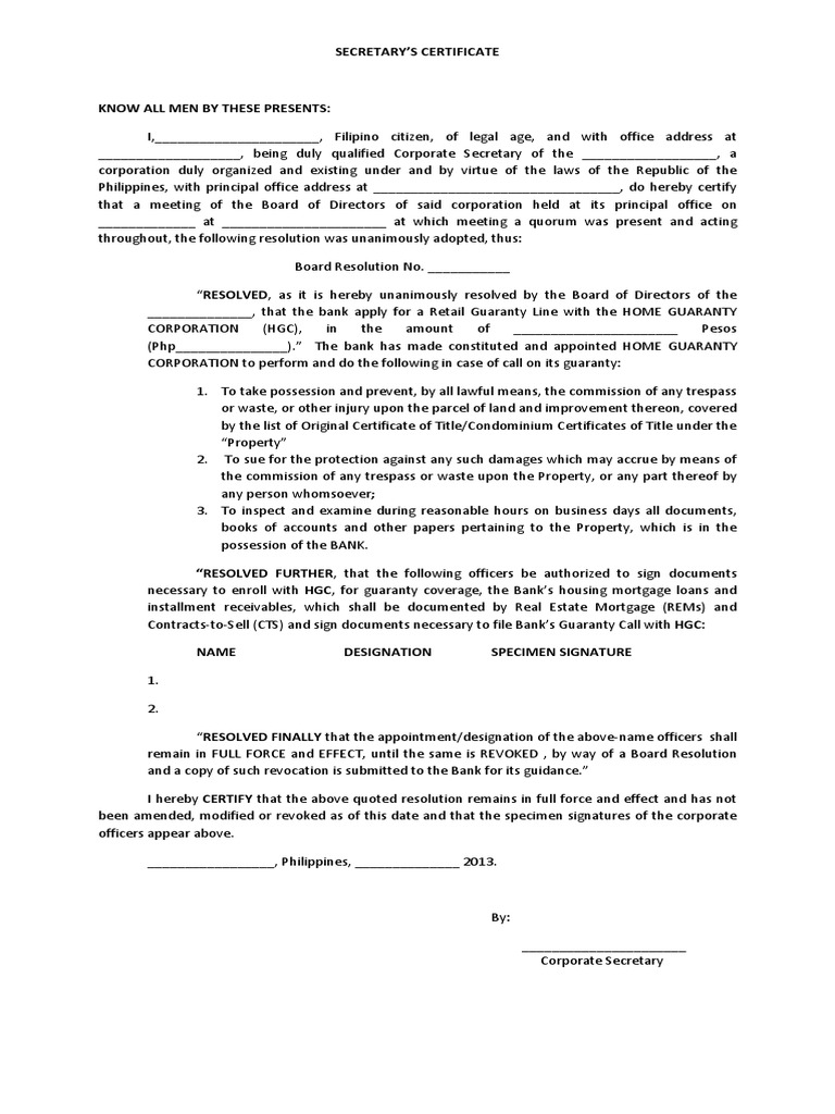 Secretary Certificate | PDF | Board Of Directors | Property