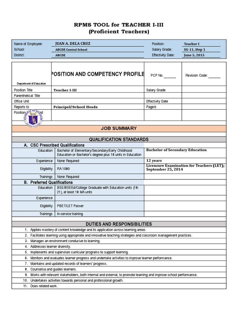 RPMS TOOLS For TEACHER I - III (Proficient Teachers) | PDF | Teachers ...