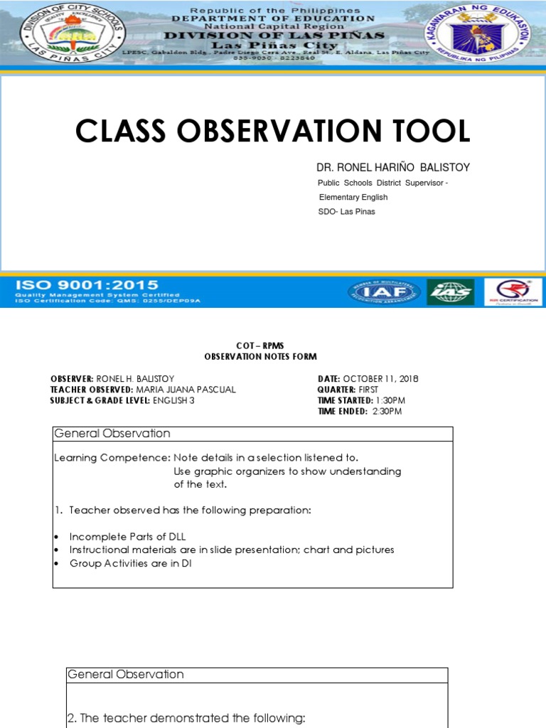 Sample COT - Observation - Guide - and - Tool - Ronel Balistoy | PDF ...