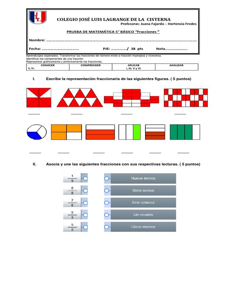 Prueba de Fracciones 5° Básico | PDF | Métodos y materiales de enseñanza