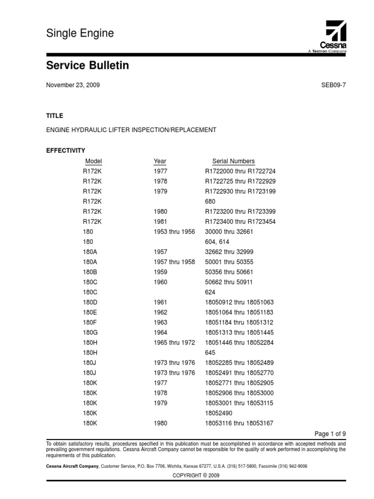 Service Bulletin: Single Engine | PDF | Motor Oil | Engines