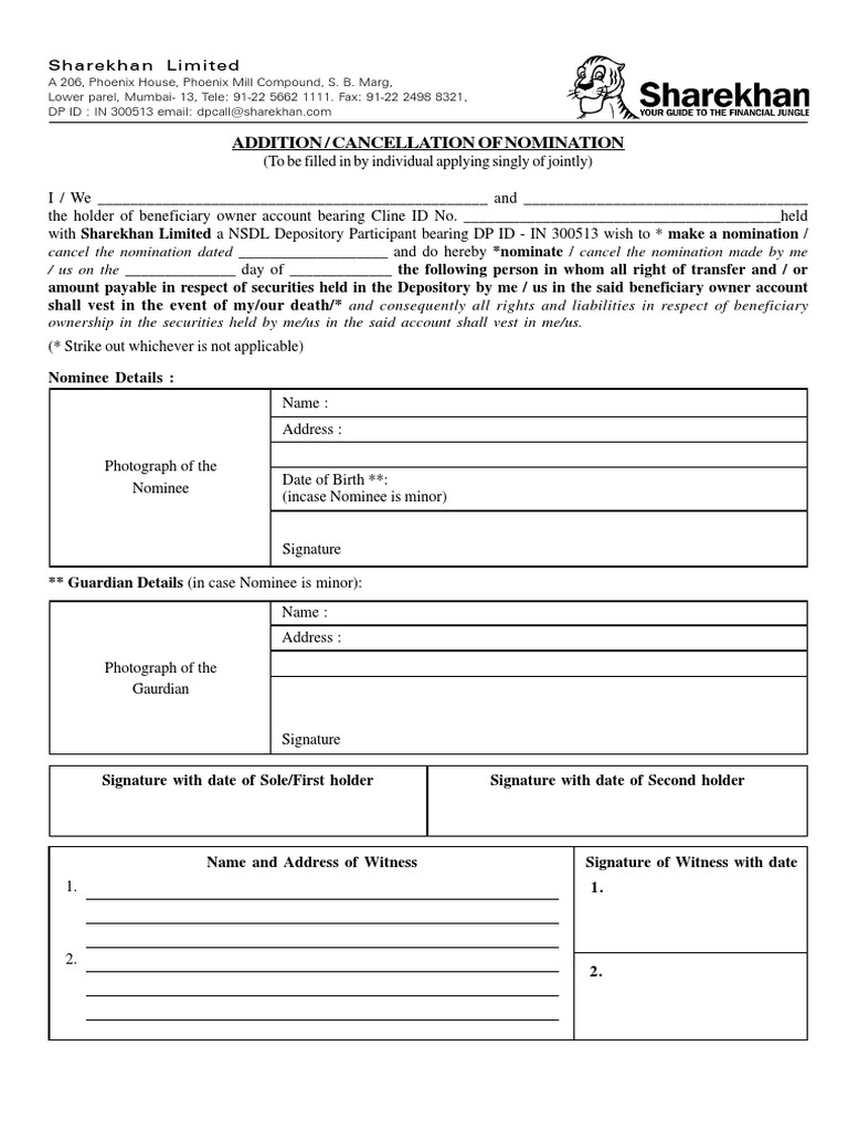 Nomination Form for Sharekhan Limited Demat Account | PDF | Securities ...