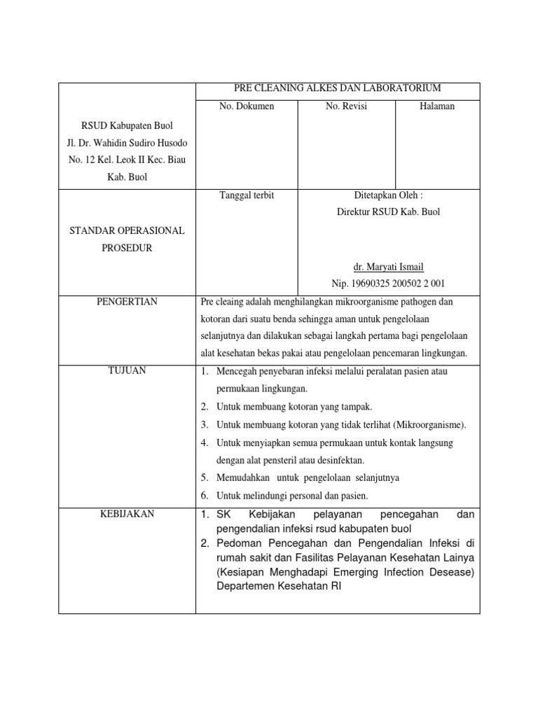 Sop Pre Cleaning | PDF