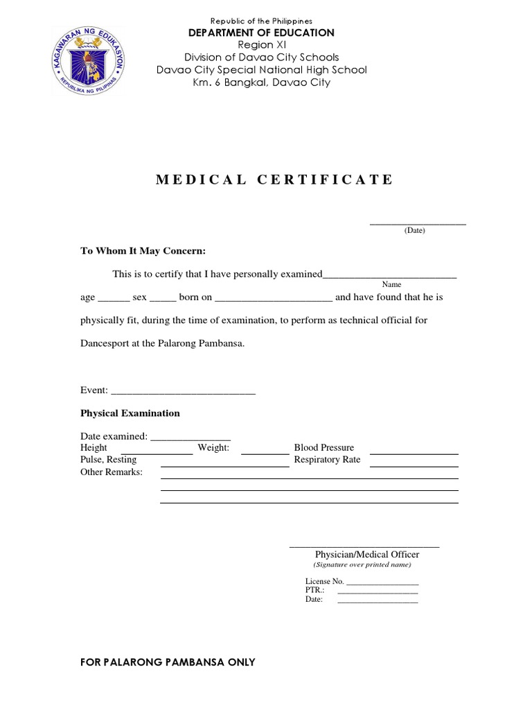 Medical Certificate: Department of Education | PDF
