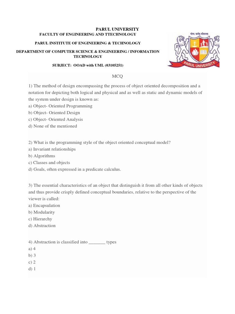 Mcq Pdf Object Oriented Programming Abstraction Computer Science