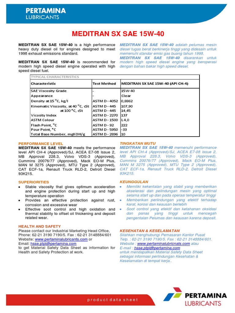 Meditran SX Sae 15w 40 API CH 4 | PDF | Diesel Engine | Diesel Fuel