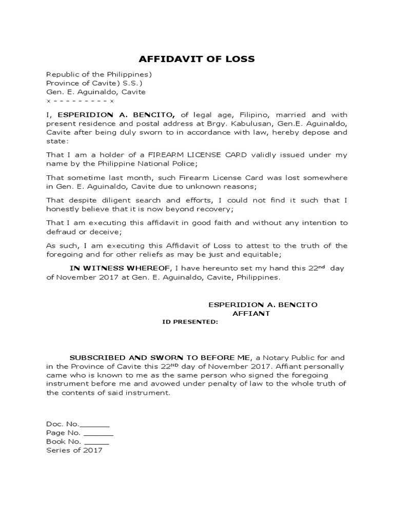 Affidavit of Lost Firearm License Card | PDF
