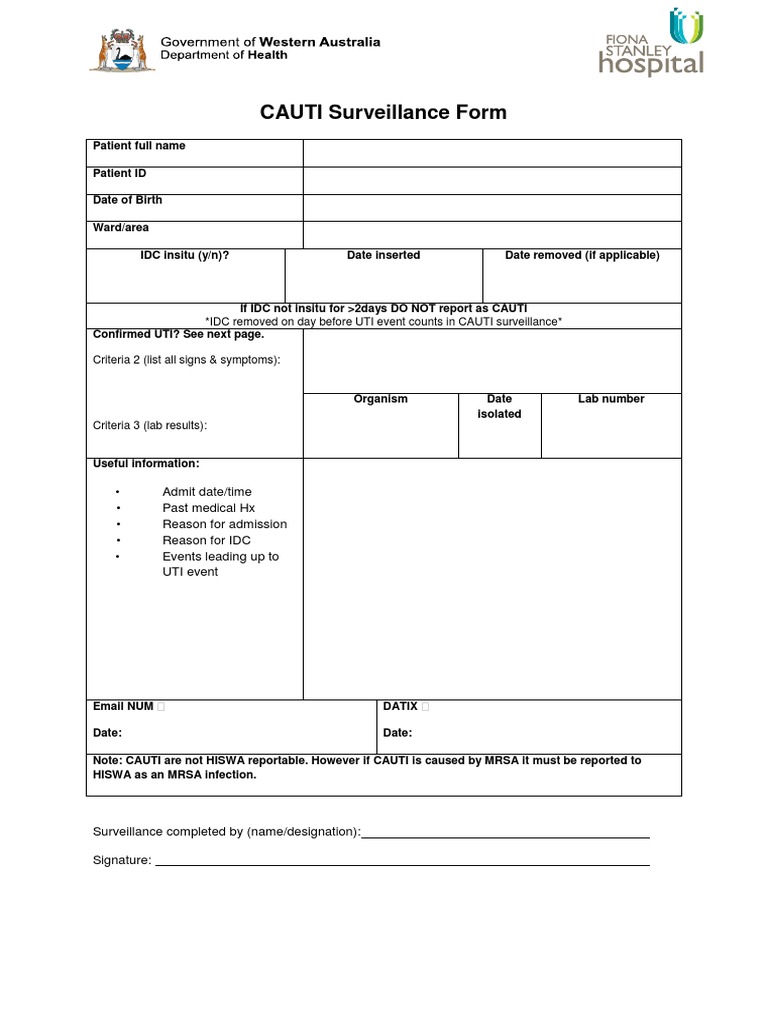 CAUTI Surveillance Form Checklist | PDF | Urinary Tract Infection ...