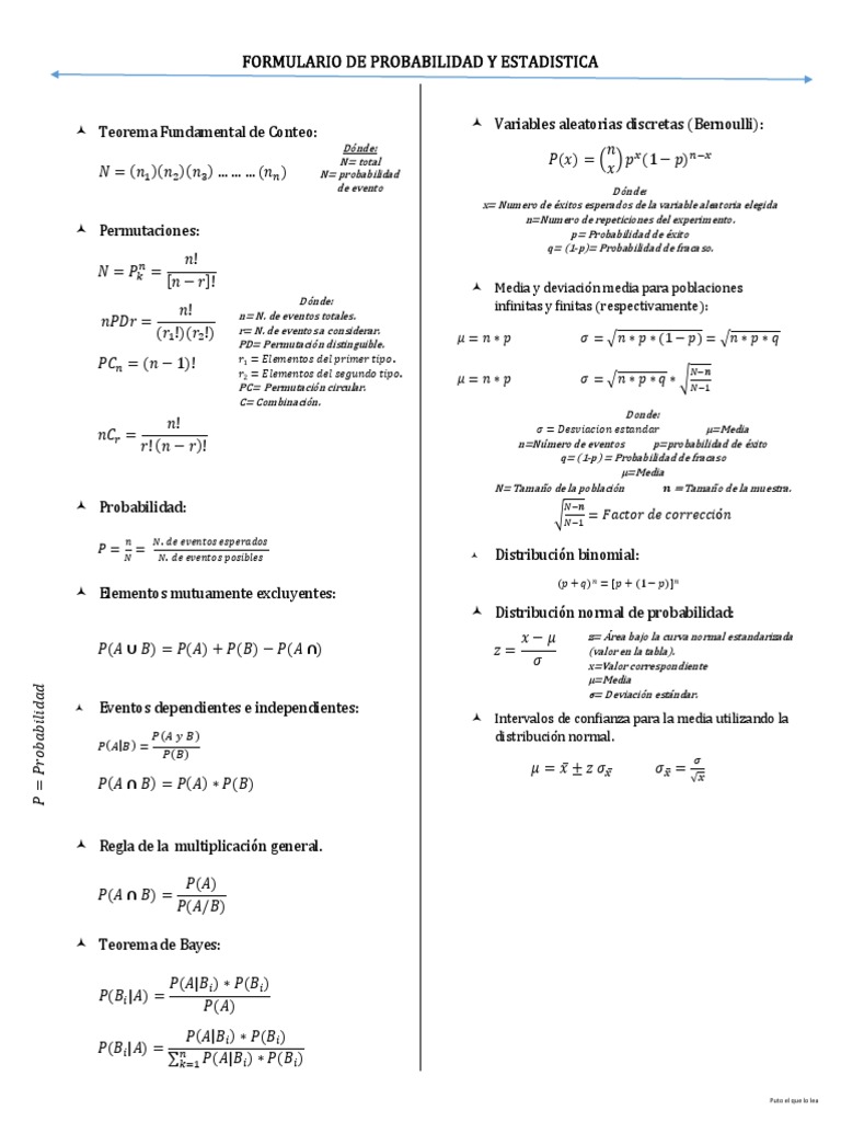 Formulario de Probabilidad y Estadistica | PDF | Probabilidad | Teoría de la medida