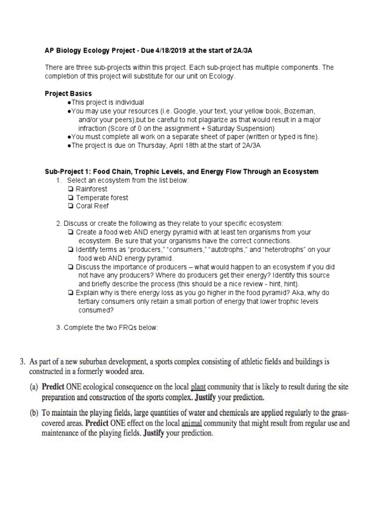 Ap Biology Ecology Project | PDF | Food Web | Ecology