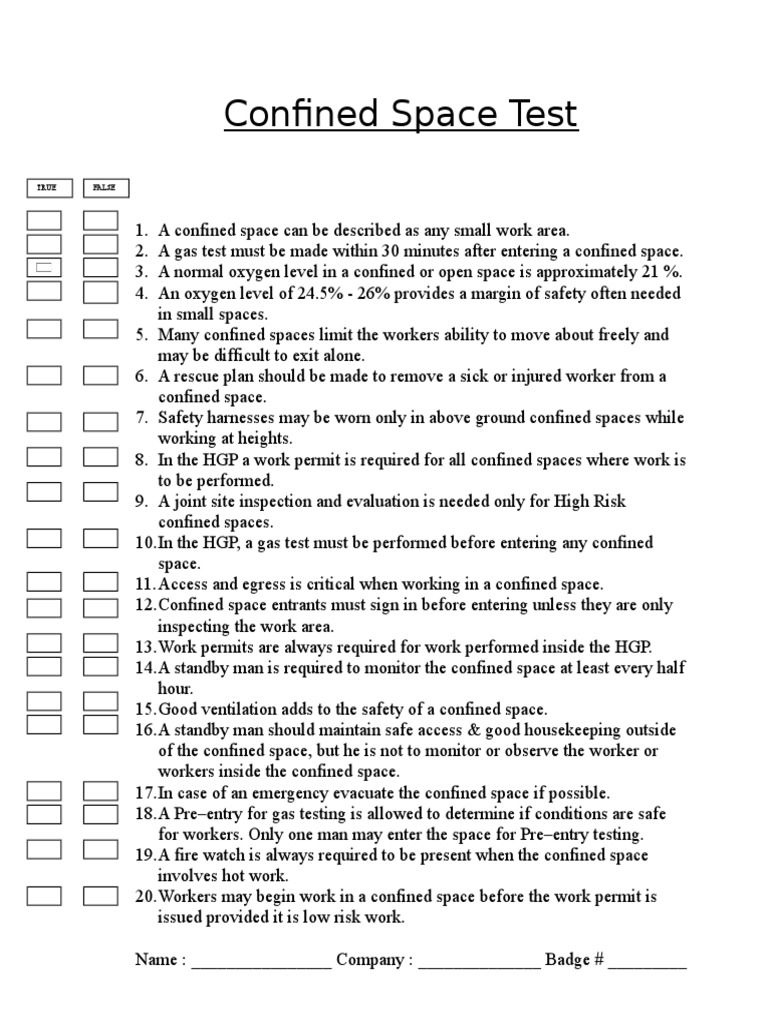 Confined Spac Test | PDF | Prevention | Occupational Safety And Health