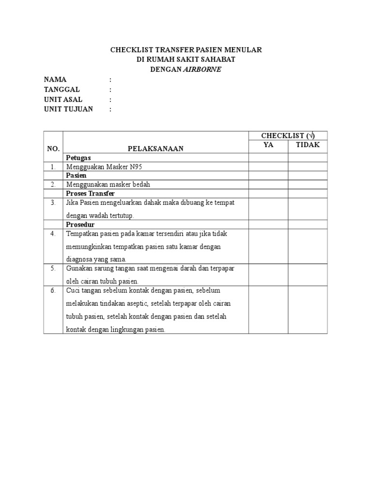 Checklist Transfer Pasien Menular Airborne | PDF