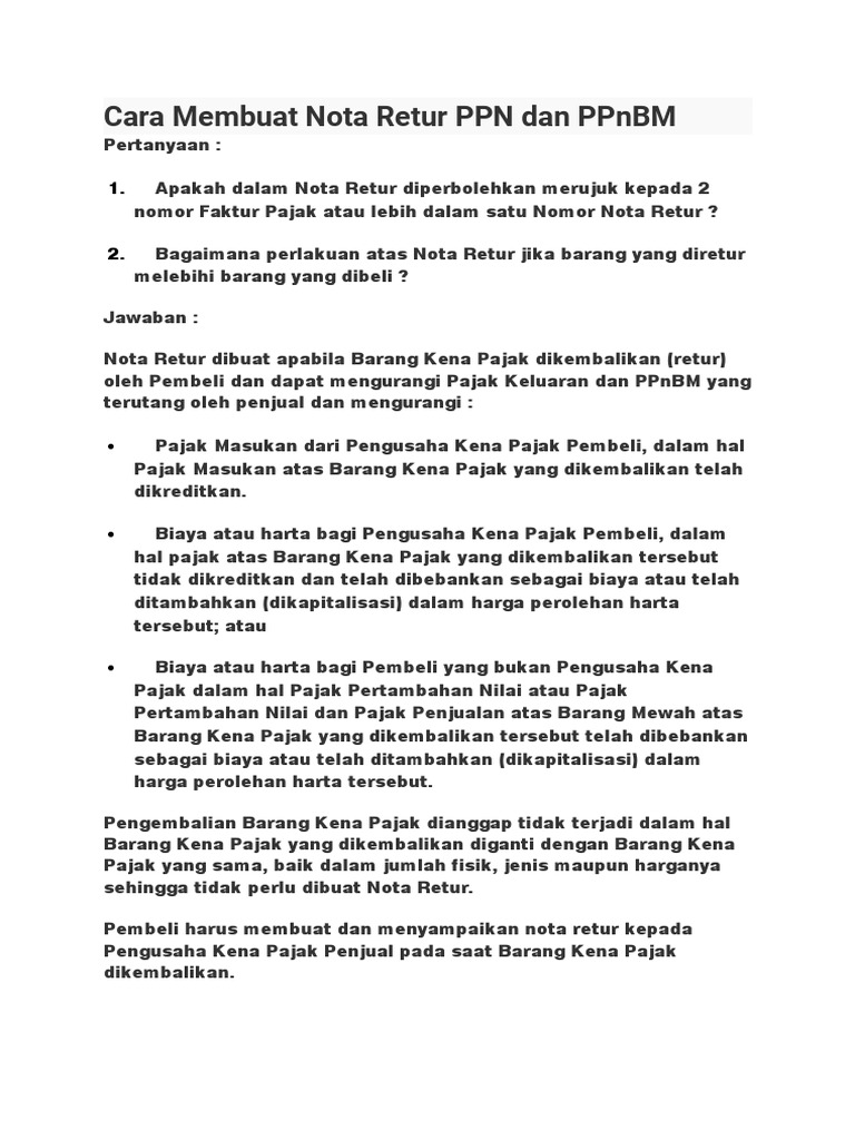 Cara Membuat Nota Retur PPN Dan PPNBM | PDF