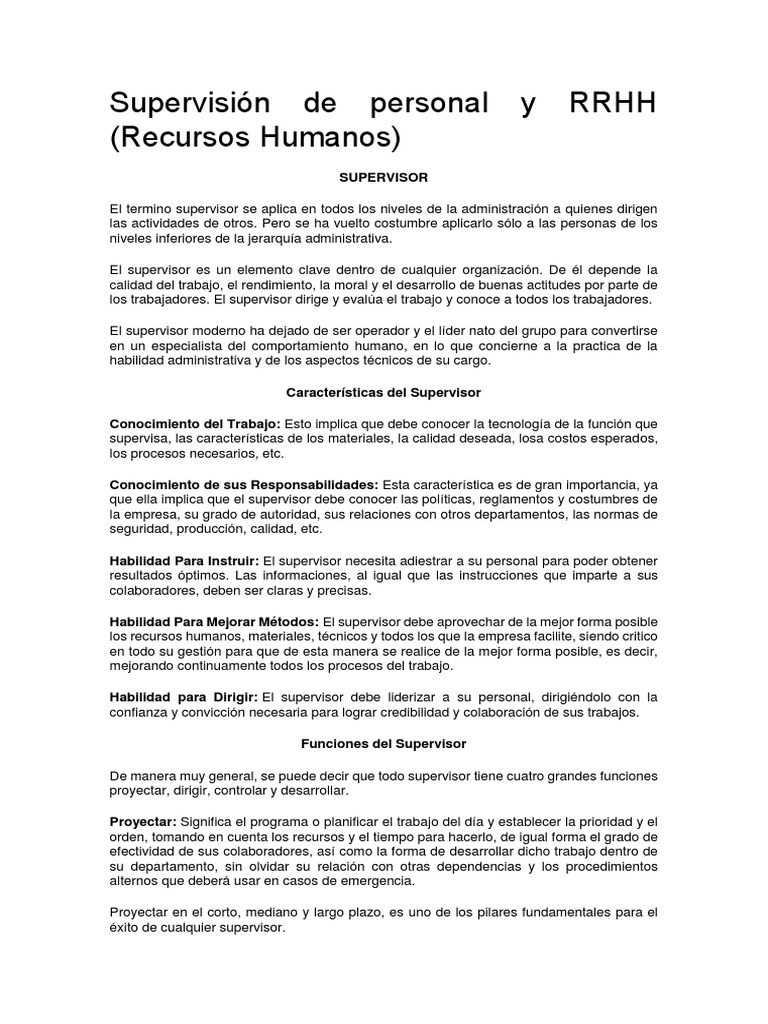 Supervisión de Personal y RRHH | PDF | Gestión de recursos humanos ...