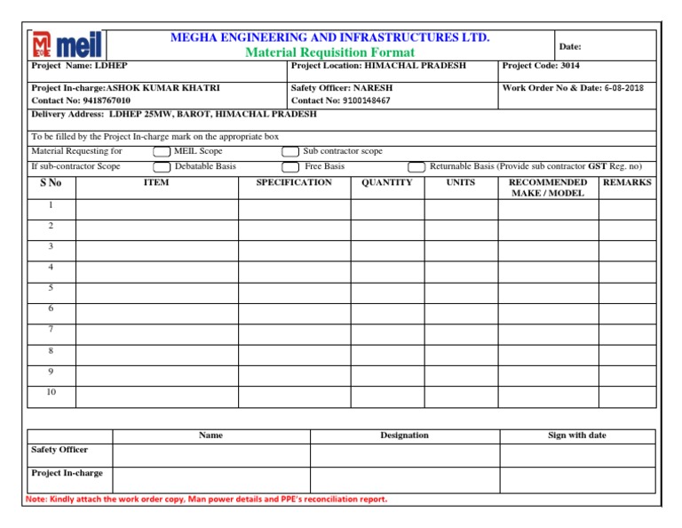 Material Requisition Format: Megha Engineering and Infrastructures LTD ...