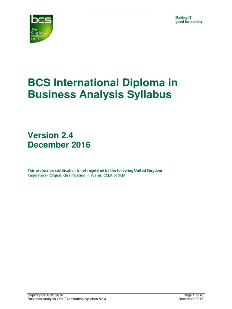 BCS International Diploma in Business Analysis Syllabus: December 2016 ...