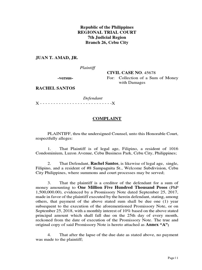 COMPLAINT in Collection for Sum of Money | Lawsuit | Damages