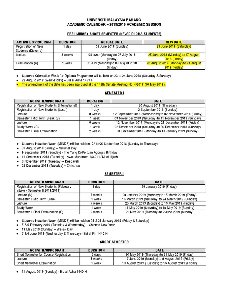 UMP Academic Calendar 2018/2019 | PDF | Academic Term | Educational ...