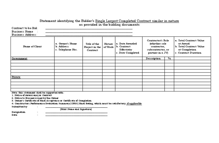 Statement Identifying The Bidder's Single Largest Completed Contract ...