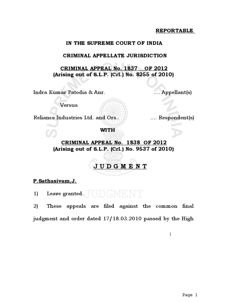 Judgment: Indra Kumar Patodia & Anr. .... Appellant(s) Versus Reliance ...