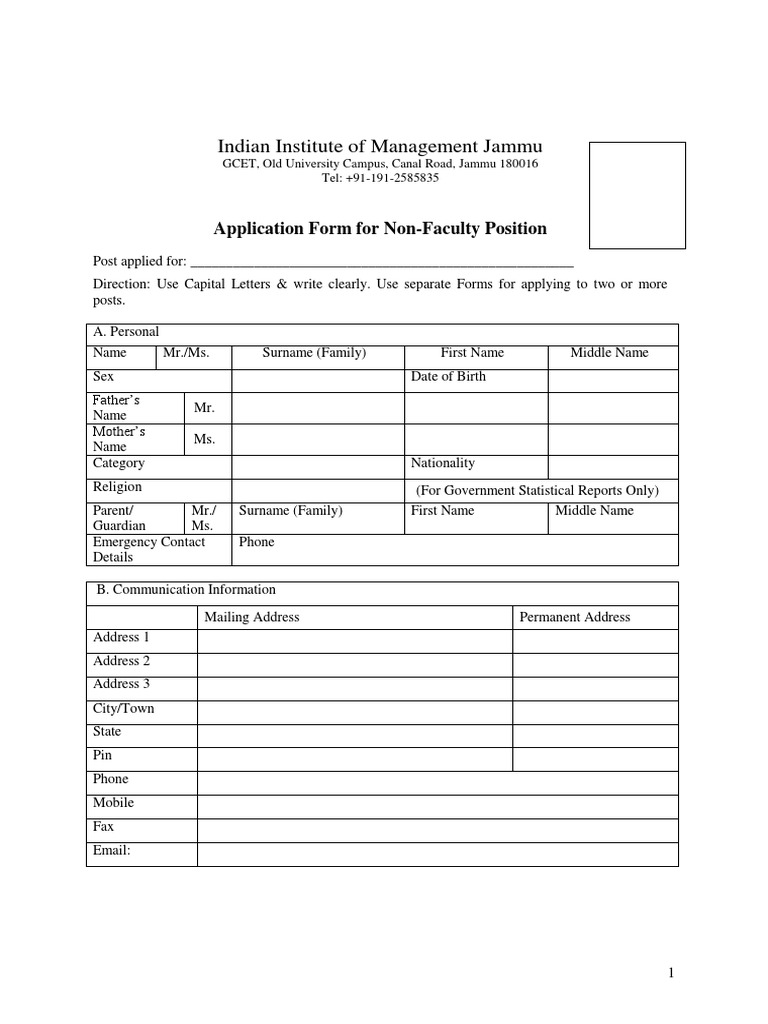 Application Form For Non Faculty Position IIM JAMMU | PDF