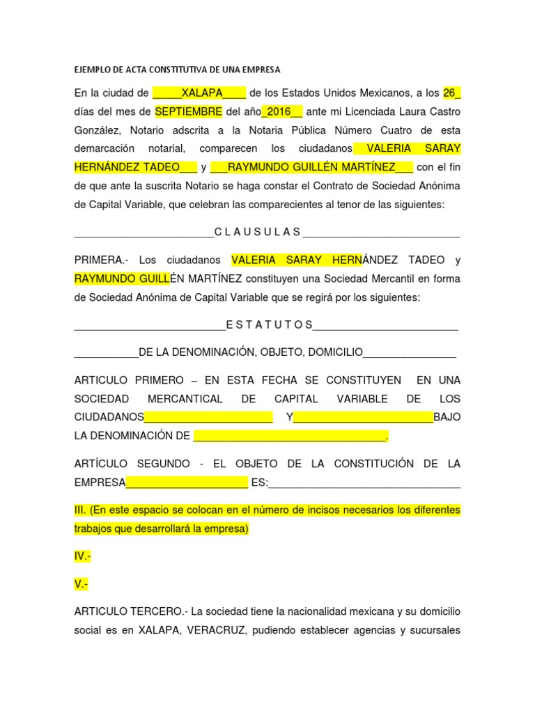 Ejemplo De Acta Constitutiva De Una Empresa | Sociedad de responsabilidad limitada | aduana ...