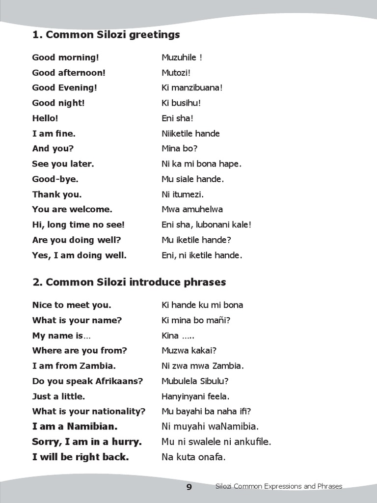 Silozi Greetings and Common Phrases | PDF