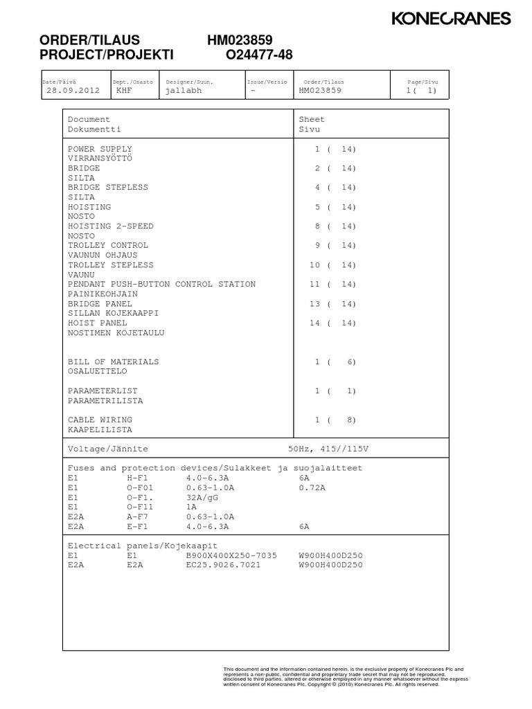 KONE CRANE Electrical Drawing - Hm023859 | PDF | Trade Secret | Equipment