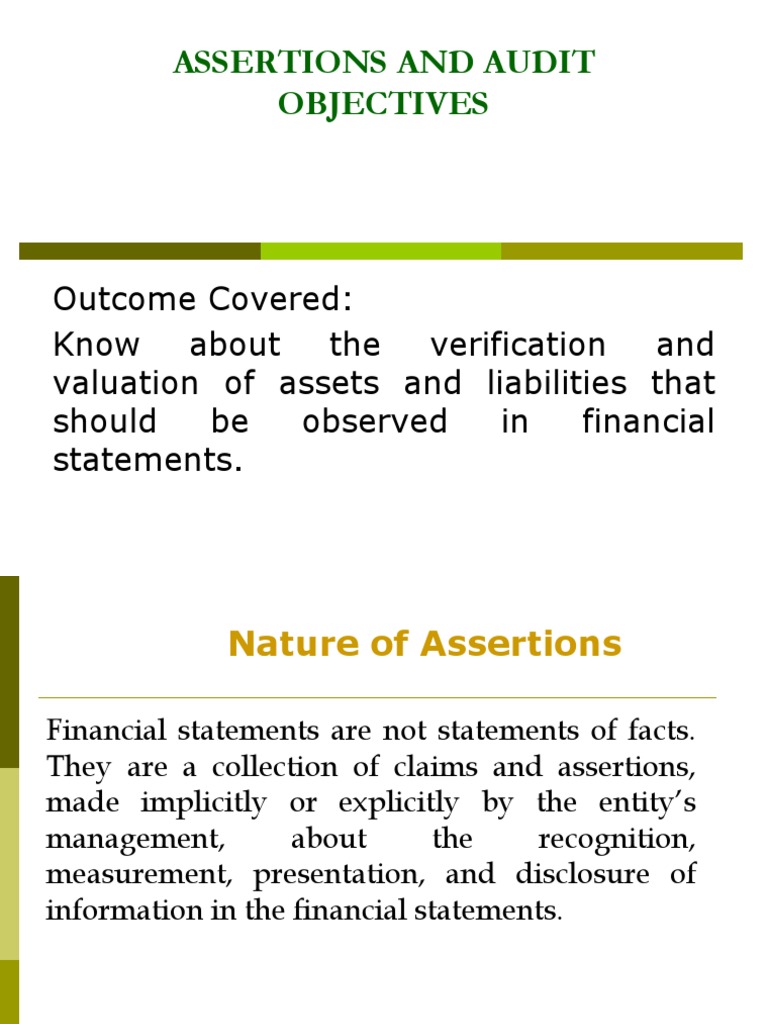 Assertions and Audit Objectives | PDF | Financial Statement | Auditor's ...