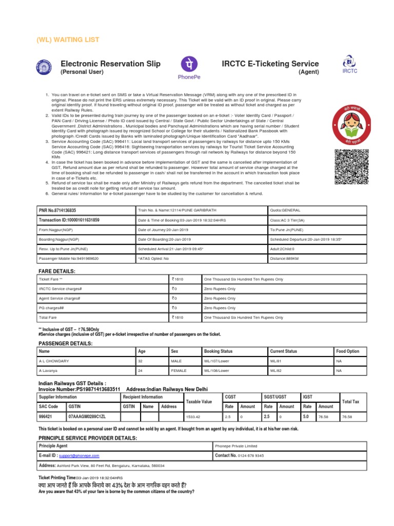 Electronic Reservation Slip IRCTC E-Ticketing Service: (WL) Waiting ...