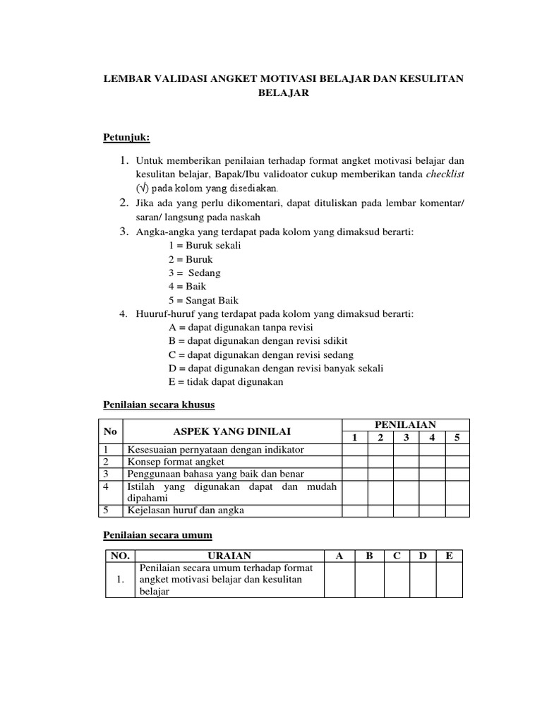 Lembar Validasi Angket Motivasi Belajar Dan Kesulitan Belajar | PDF