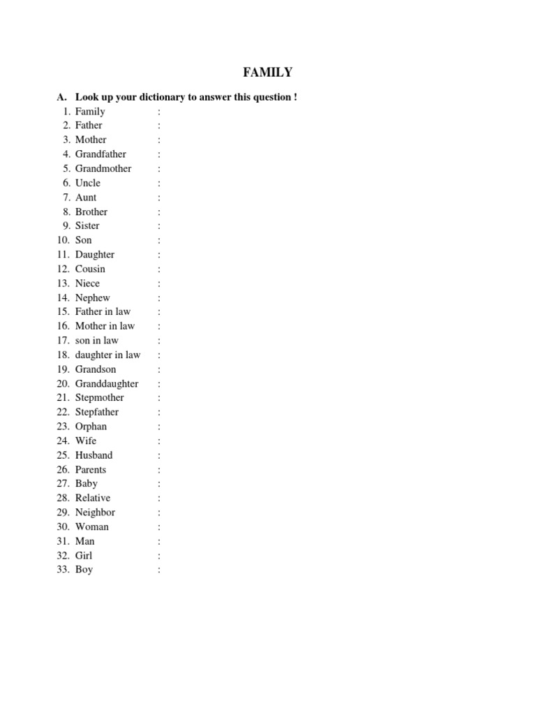 Family: A. Look Up Your Dictionary To Answer This Question ! | PDF ...