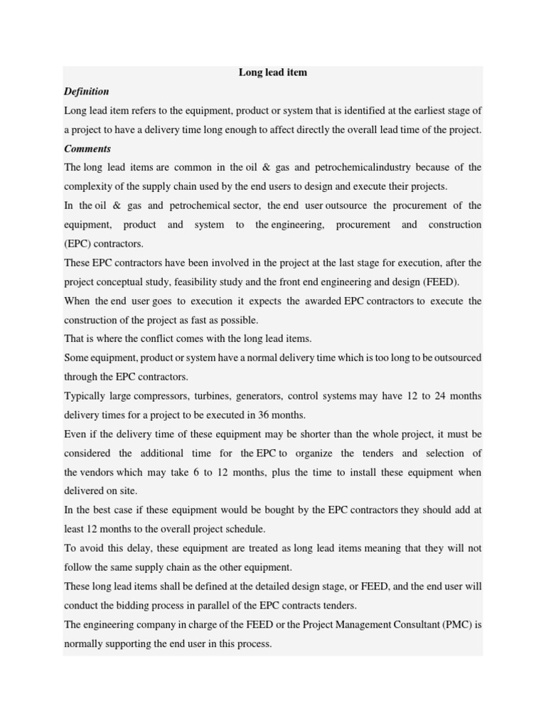 Long Lead Item | PDF | Procurement | Engineering