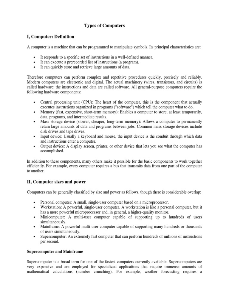 Types of Computers I, Computer: Definition: Supercomputer and Mainframe ...