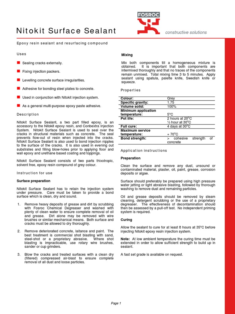 Nitokit Surface Sealant: Constructive Solutions | PDF | Epoxy | Adhesive